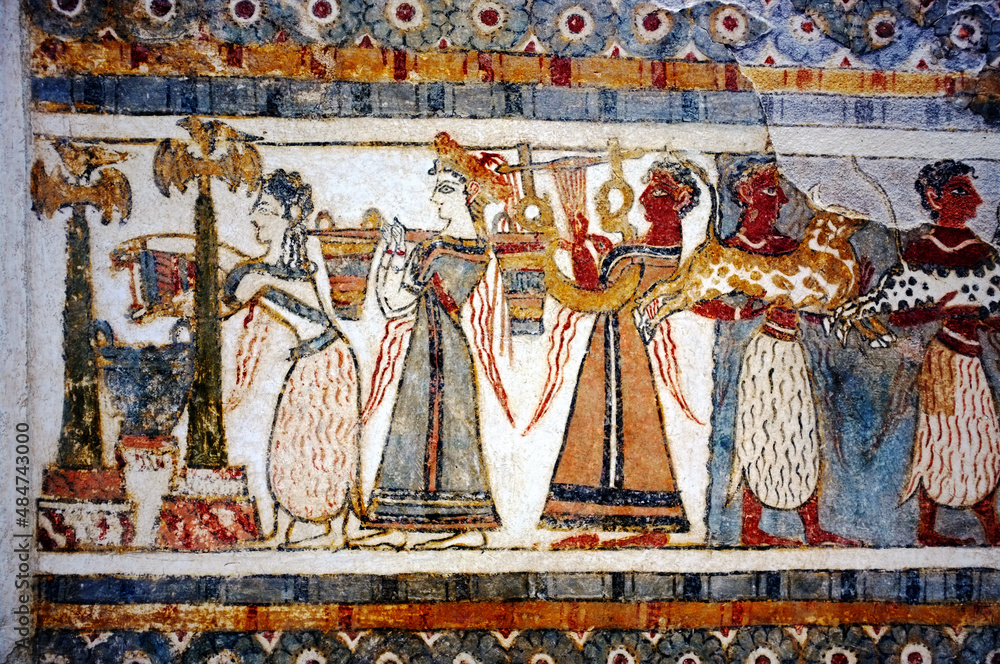 Wall painting of religious procession and offerings of ancient Crete ...