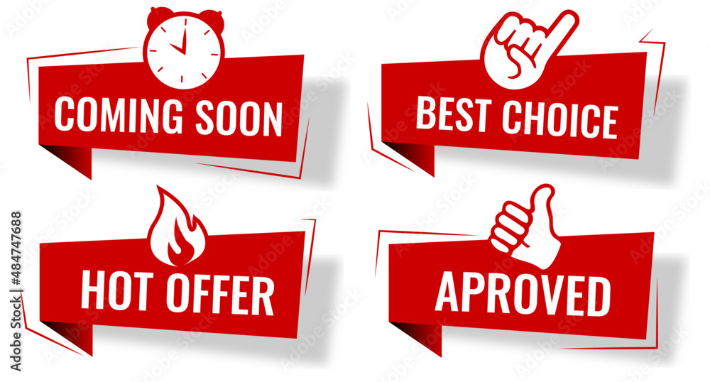 Red stickers. Paper sticker set, badges vector templates. Coming soon ...