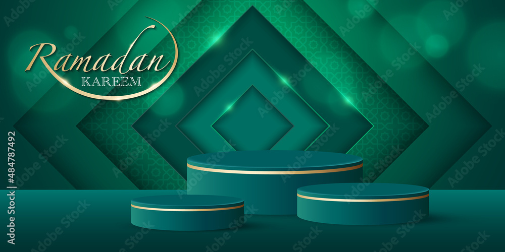 Hari Raya festival with Islamic graphic elements and round stage podium ...