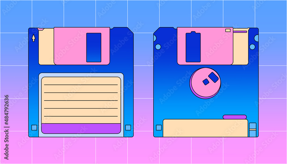 Vector retrofuturistic illustration of floppy disk in vaporwave 80s ...