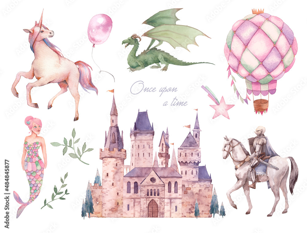 Fairy tale set. Baby girl cartoon clipart: castle, unicorn, dragon ...