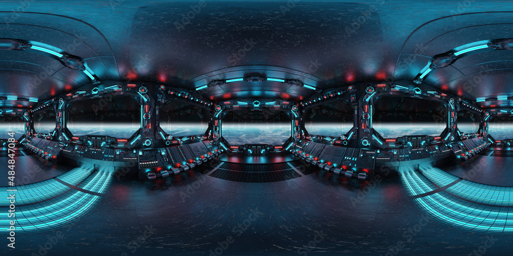 HDRI panoramic view of dark blue spaceship interior with windows. High ...