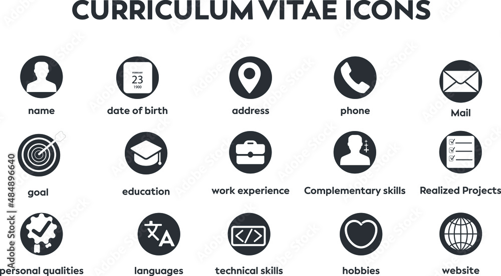 Set of modern design icons and pictograms for resume and cv. Name, date ...