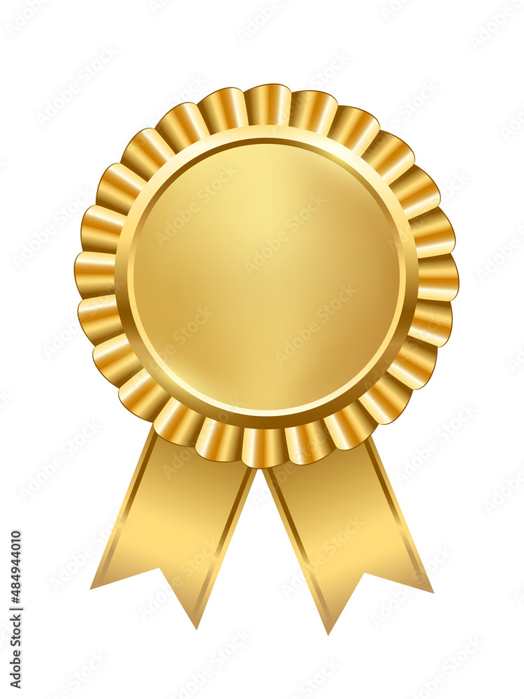 Gold award badge with ribbon vector illustration. 3d realistic circle ...