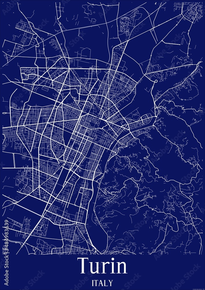 Dark Blue map of Turin Italy. Stock Illustration | Adobe Stock