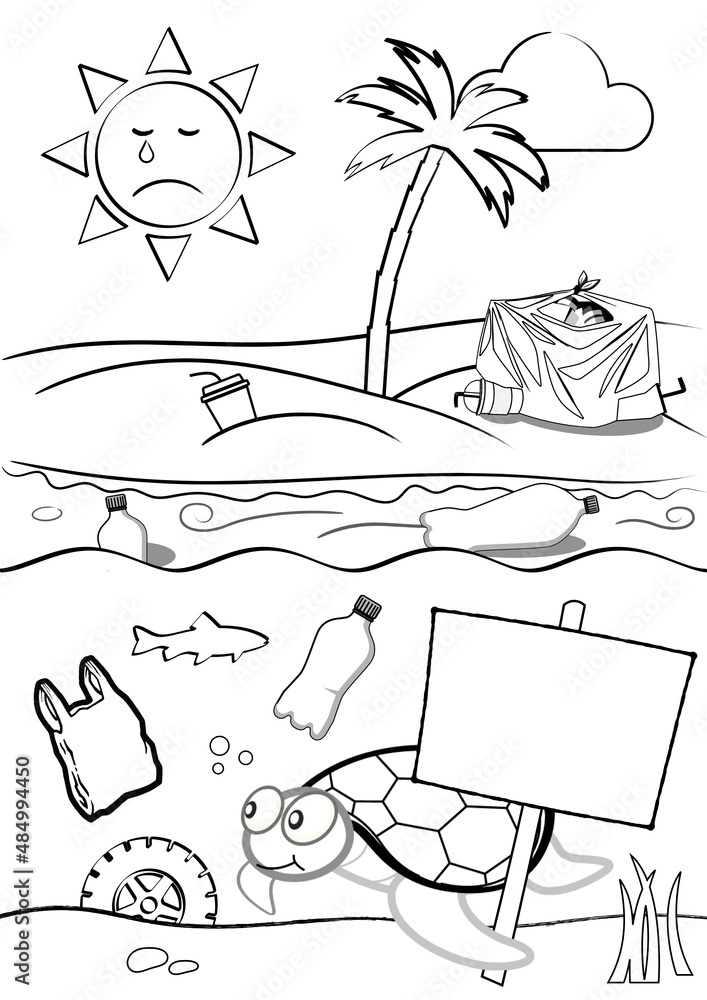 Ready for colouring white illustration for marine and ocean pollution ...