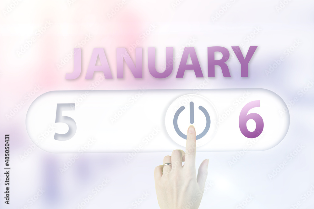 January 6th. Day 6 of month, Calendar date.Hand finger switches ...