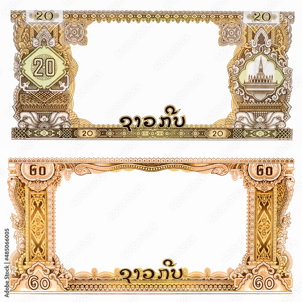 Laos 20 Kip 1968 Banknotes. border with empty middle area, Clear 20 ...