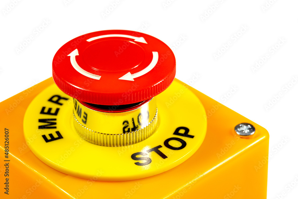 Red emergency stop safety push button, industrial machine rotation ...