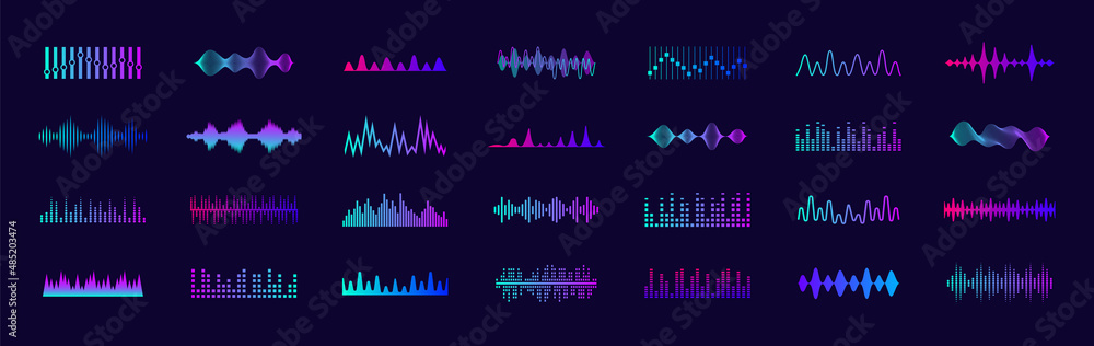 Sound waves icons set. Music frequency. Audio player. Sound equalizers ...