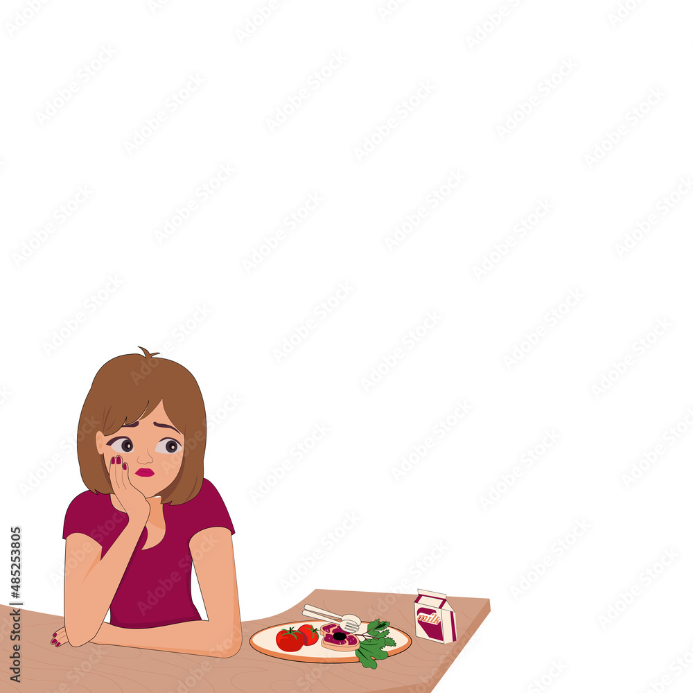Cartoon young beautiful short brown hair woman is Sitting at table ...