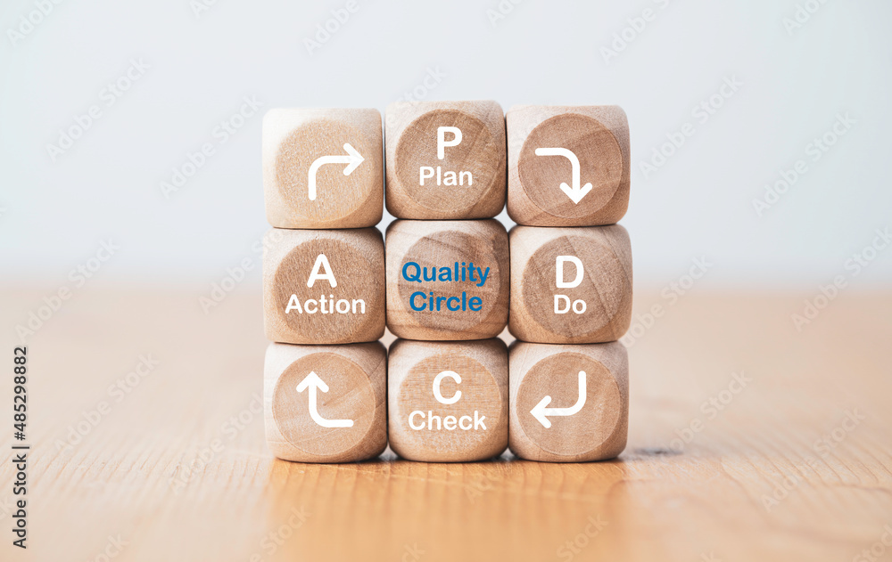 Plan Do Check Action print screen on screen on wooden block for ...