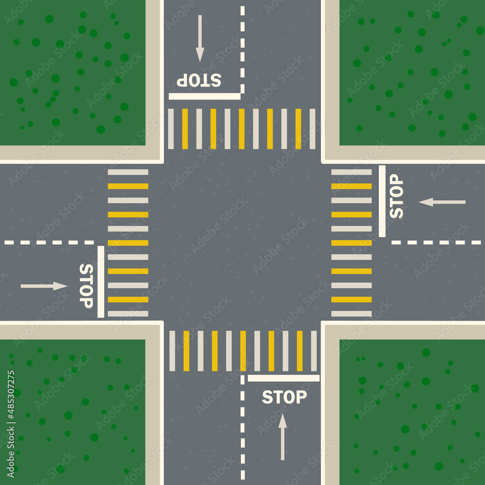 Crossroads with crosswalk. Crossroad of two roads and road markings top ...