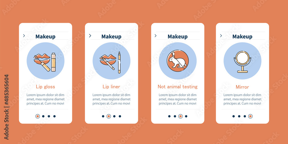 Makeup onboarding mobile app screens. Lip gloss and linear, not animal ...