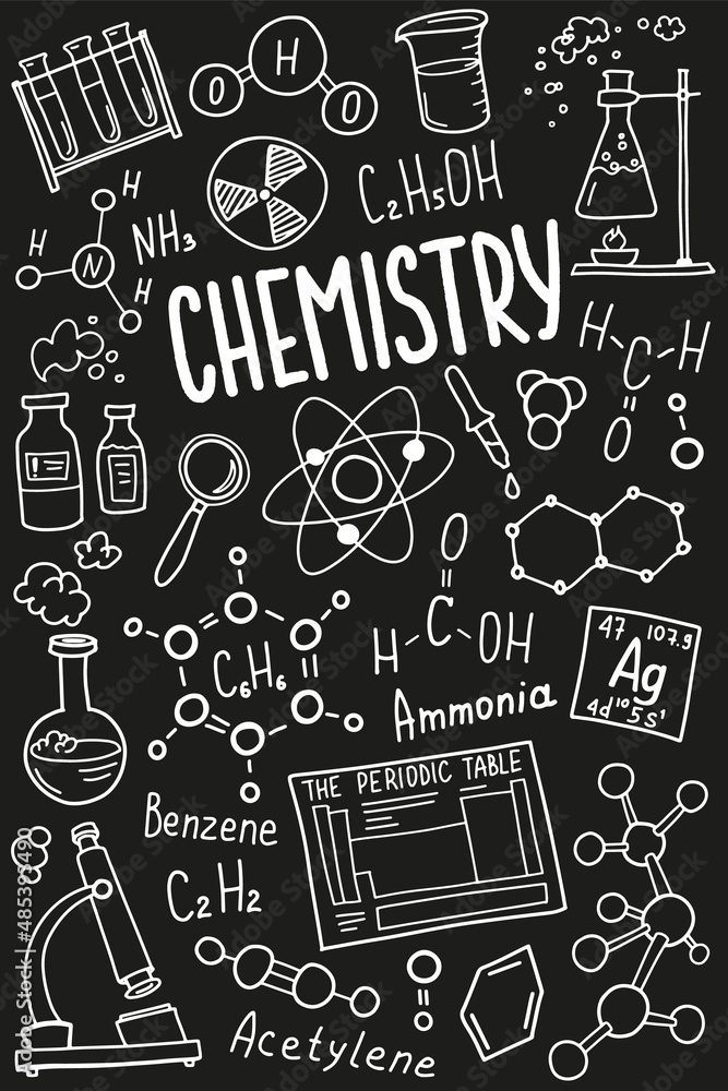 Chemistry cover template. Science medical symbols icon set, subject ...