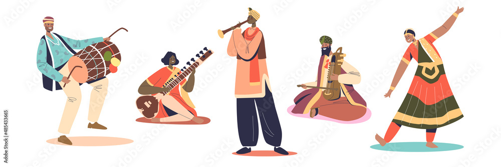 Set of indian artists men musicians playing on traditional musical ...
