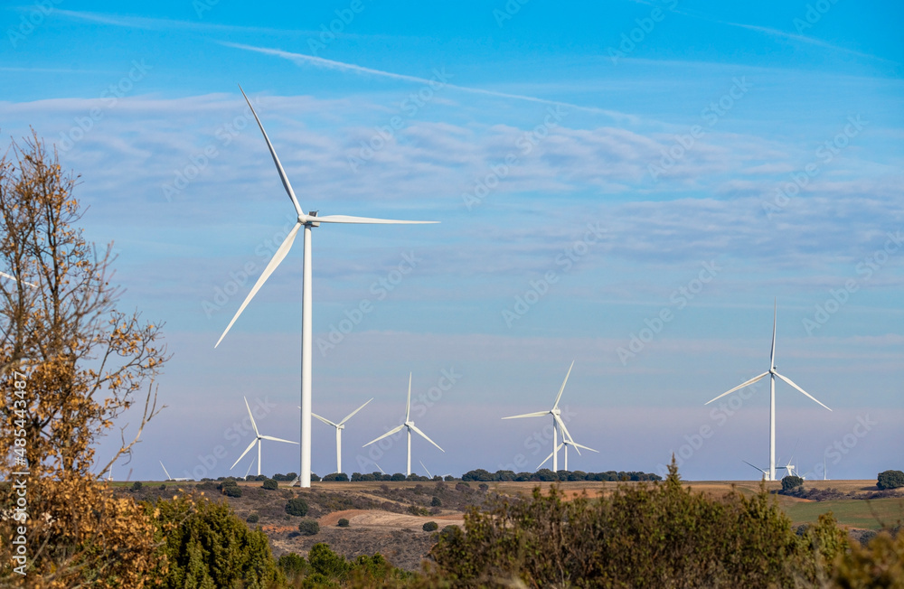 Wind turbines. Energy farm. Wind turbines in farm fields. Countryside ...