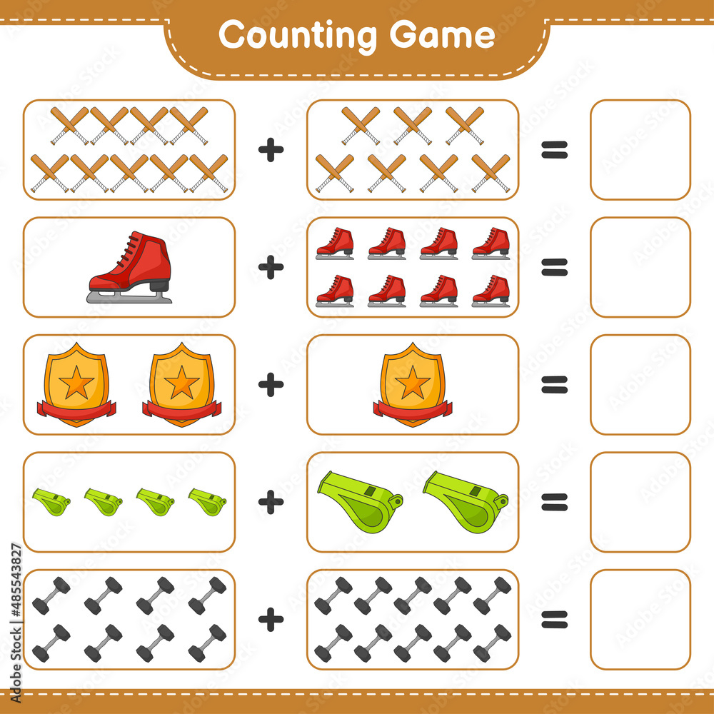 Count and match, count the number of Ice Skates, Whistle, Dumbbell ...