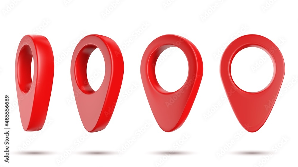 Red location map pin. 3d map pointer icon set. Pin symbols isolated on white background. Vector ...