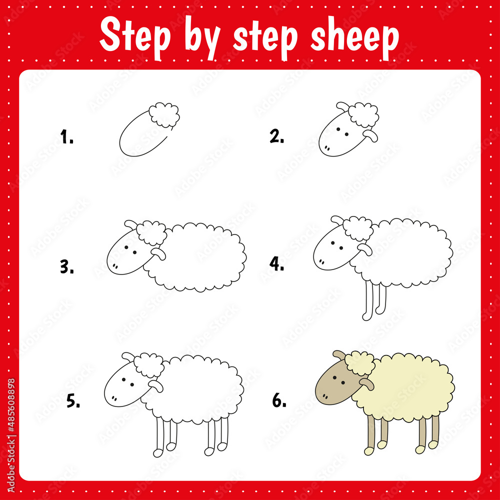 Vector de Stock Drawing lesson for children. How draw a sheep. Drawing ...