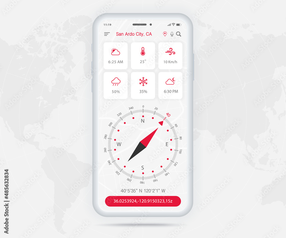 Vetor Compass app UI UX GUI concept, Map GPS app on screen smartphone ...