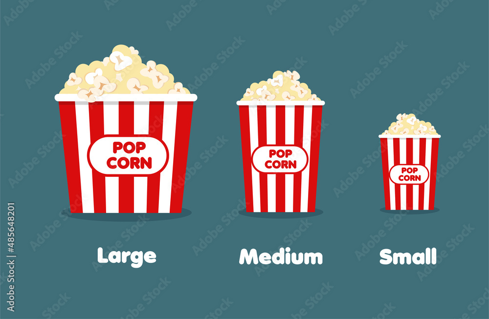 Small, medium and large popcorn in classic striped red white cardboard ...