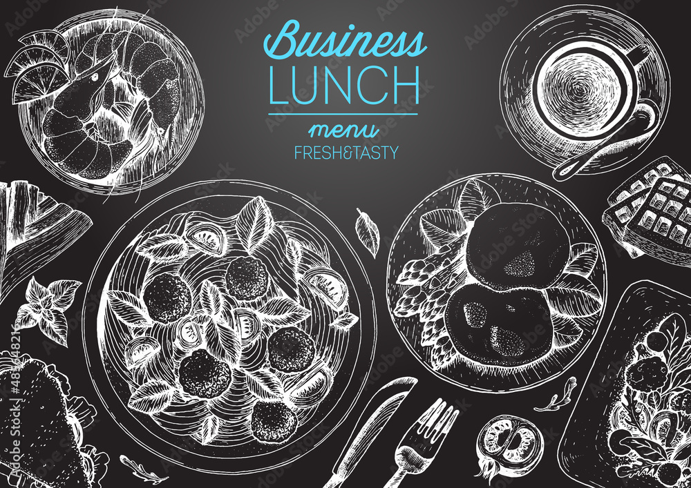 Business lunch top view frame. Food menu design. Vintage hand drawn ...