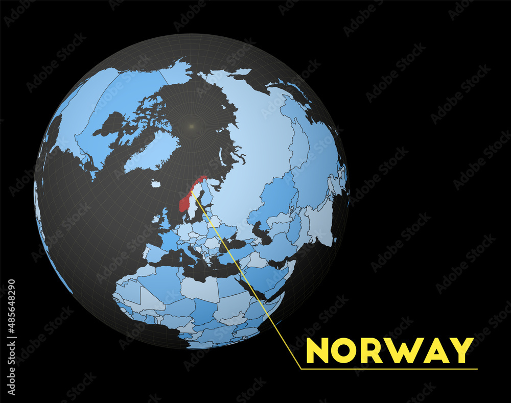 Norway on dark globe with blue world map. Red country highlighted ...