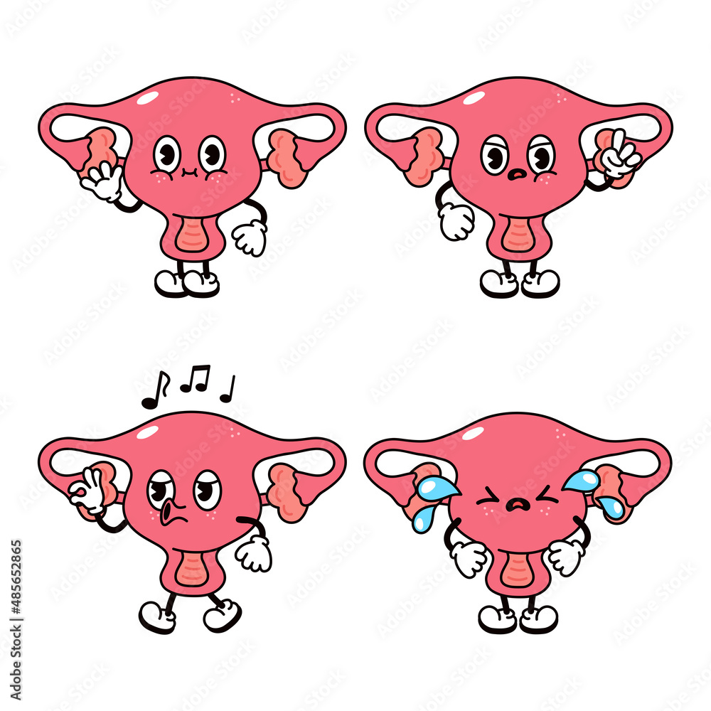 Funny cute uterus character bundle set. Vector hand drawn doodle style ...