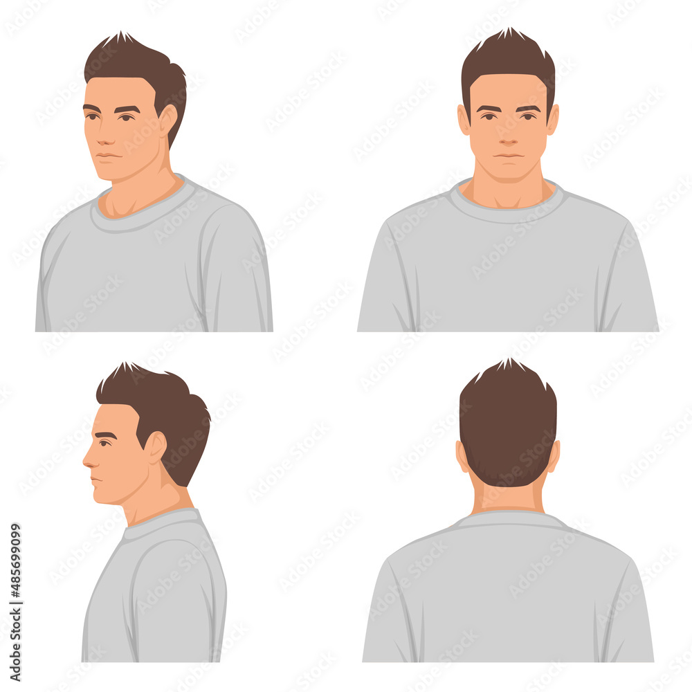 man, male face portrait, Front, profile, side view and back, vector ...