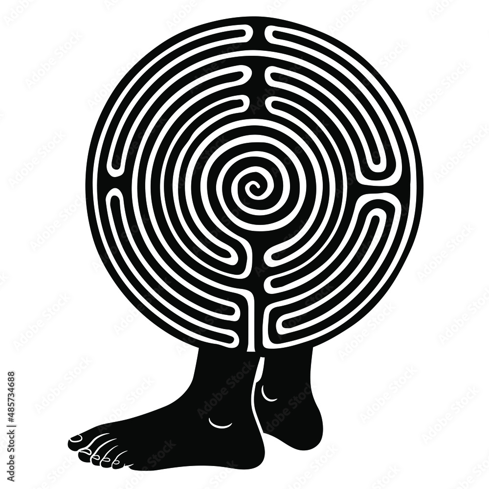 Round spiral maze or labyrinth symbol standing on bare human feet ...