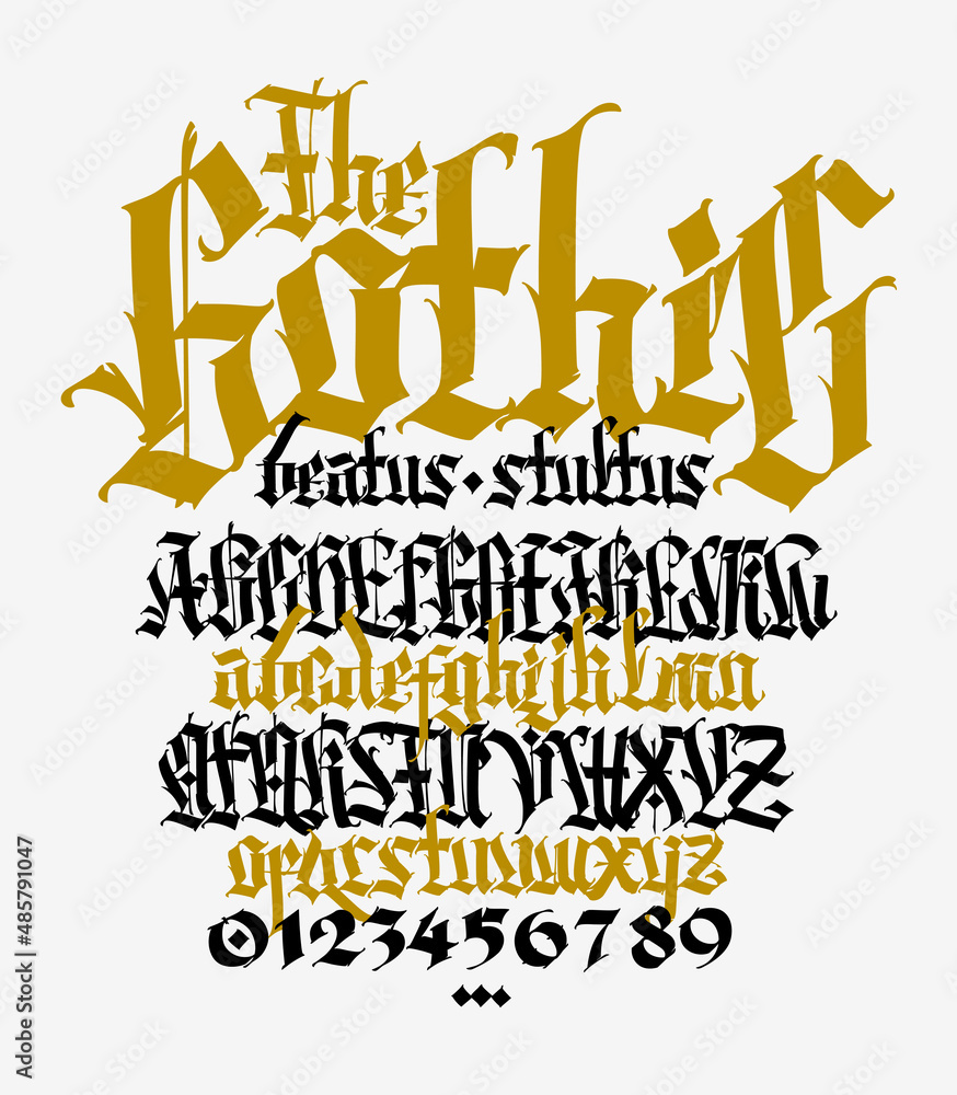 Gothic, English alphabet. Medieval Latin letters and numbers. Signs and ...