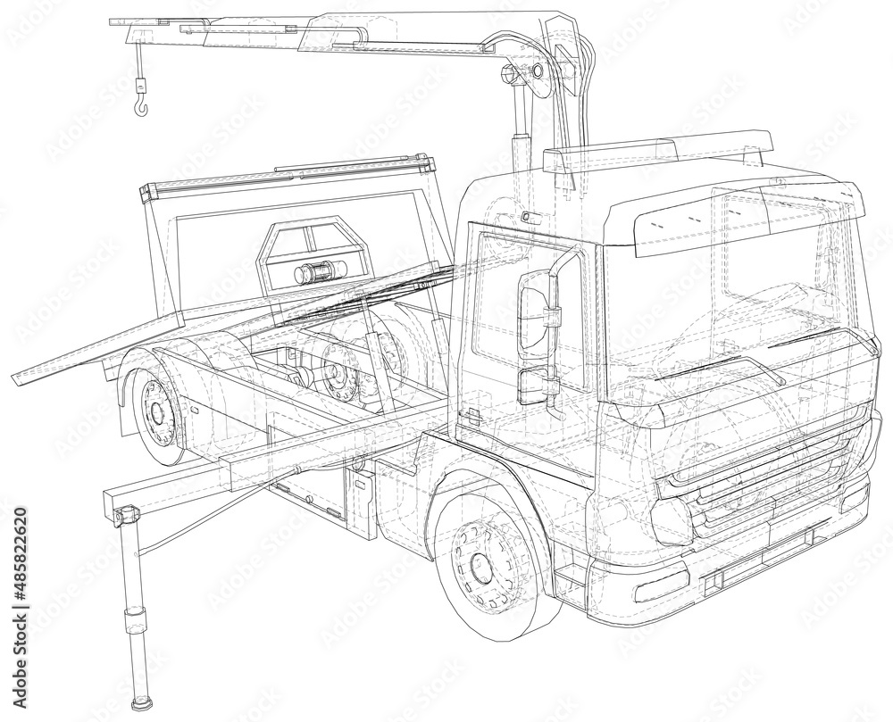 Vector Illustration of Tow Truck. Towing. Drawing outline isolated on ...