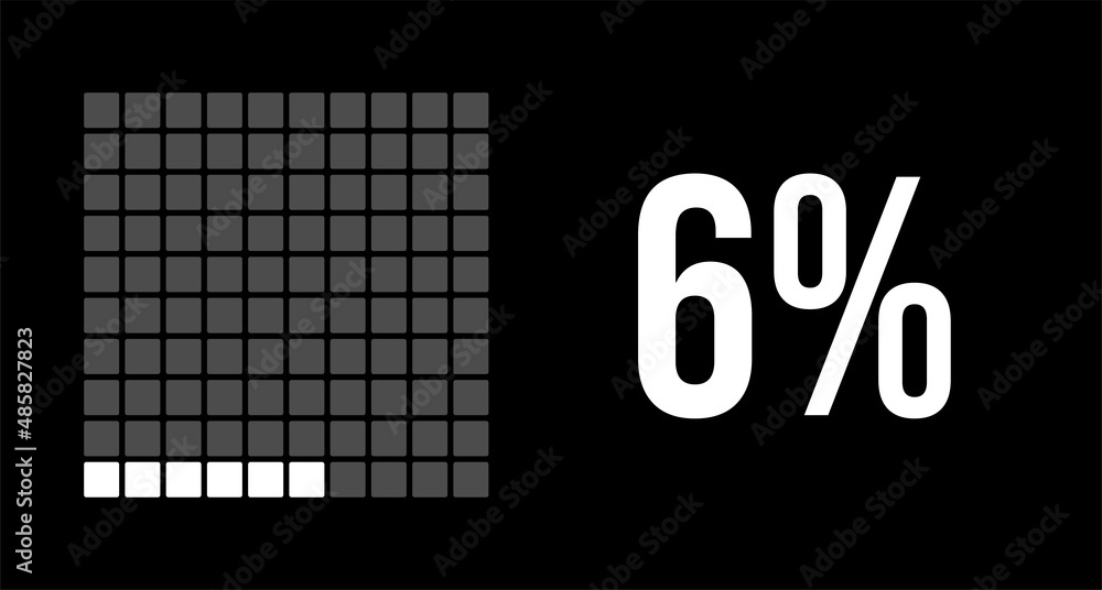 6 percent diagram, six percentage vector infographic. Rounded rectangles forming a square chart ...