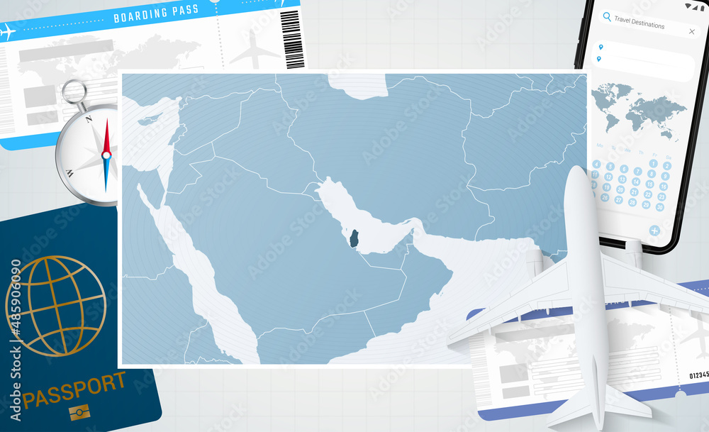 Journey to Qatar, illustration with a map of Qatar. Background with ...