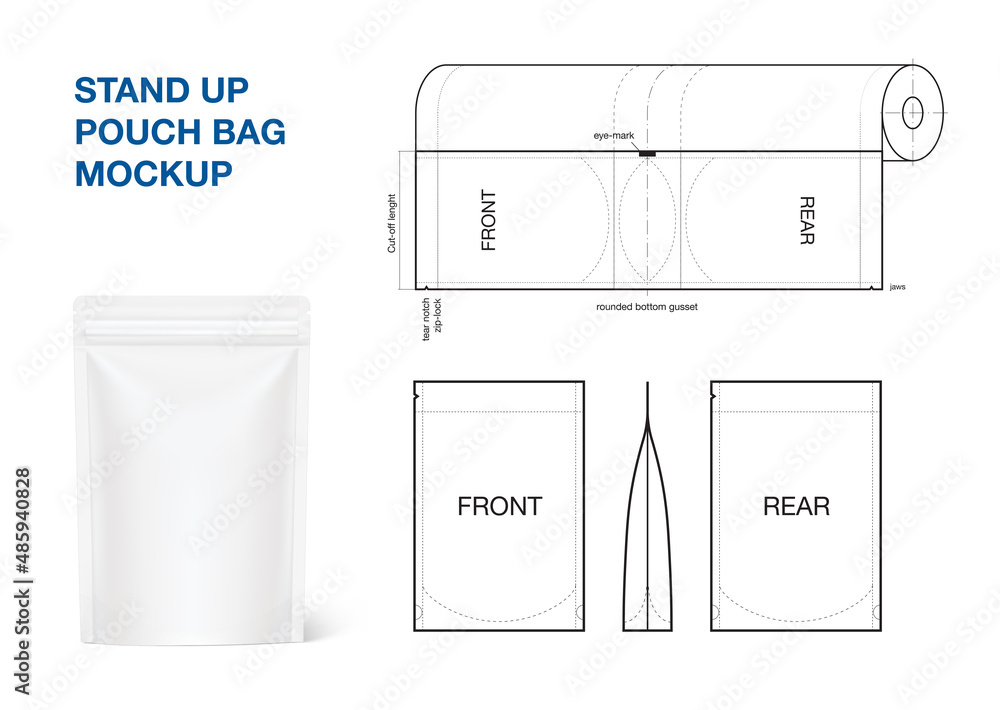 Stand-up pouch bag mockup with layout. Vector illustration isolated on ...