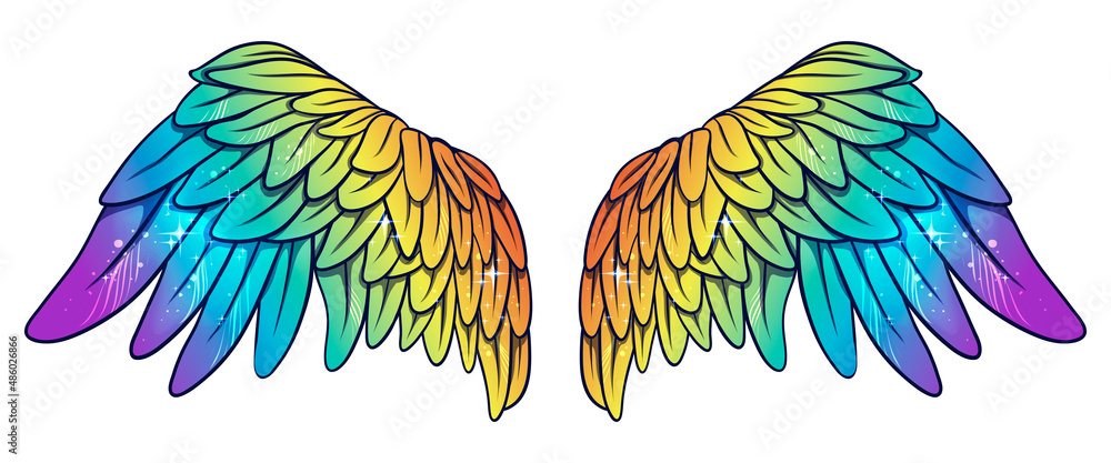 Beautiful magic bright glittery rainbow gradient angel wings, color ...