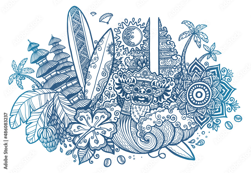 Bali island landmarks doodle line-art style vector illustration. Barong ...