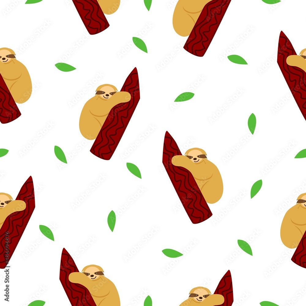 Seamless pattern of sloths hanging on tree branch and green leaves ...