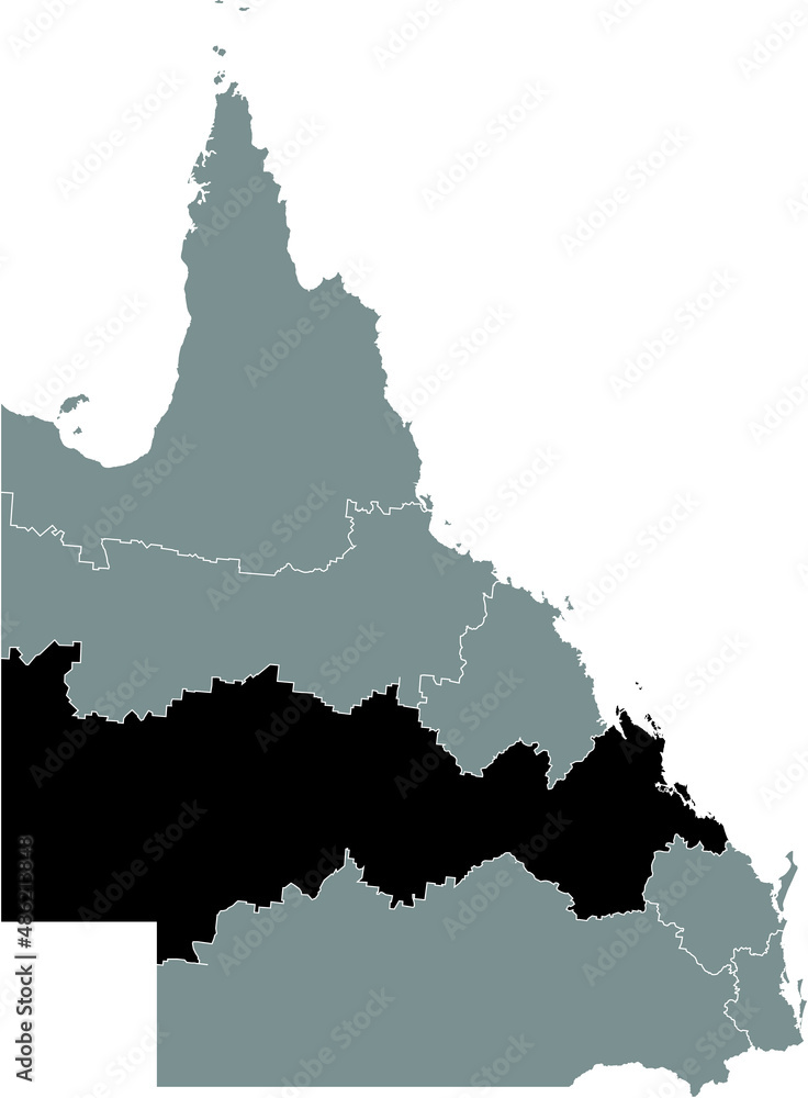 Black flat blank highlighted location map of the CENTRAL QUEENSLAND ...
