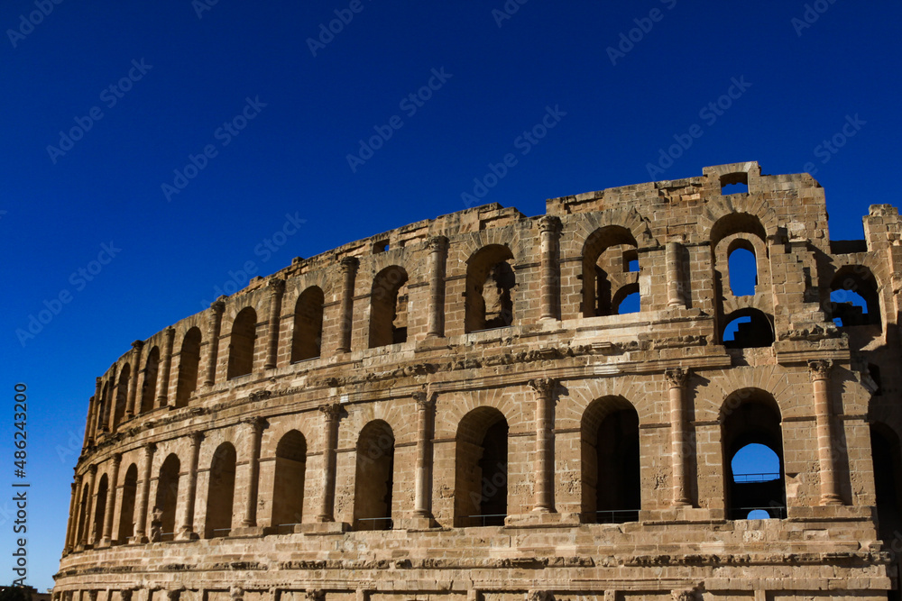 The impressive ruins of the largest colosseum in North Africa,a huge amphitheatre which could ...