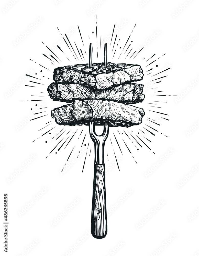 Barbecue, pieces of meat on fork food meat. Hand drawn steak BBQ sketch ...