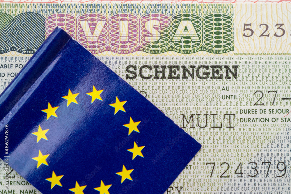 Close-up of Schengen visa with flag of EU Stock Photo | Adobe Stock