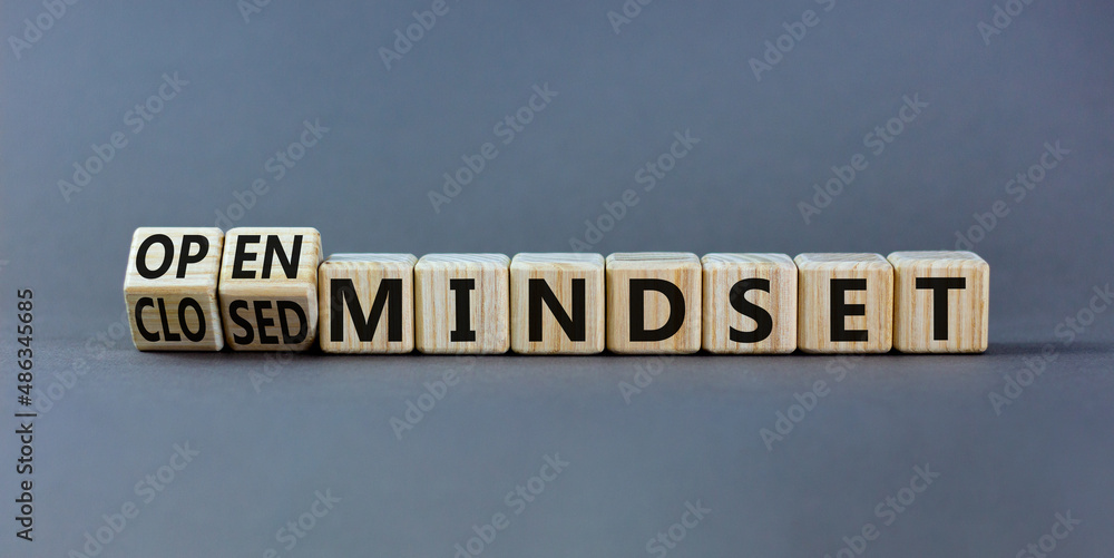 Open or closed mindset symbol. Turned wooden cubes and changed concept ...