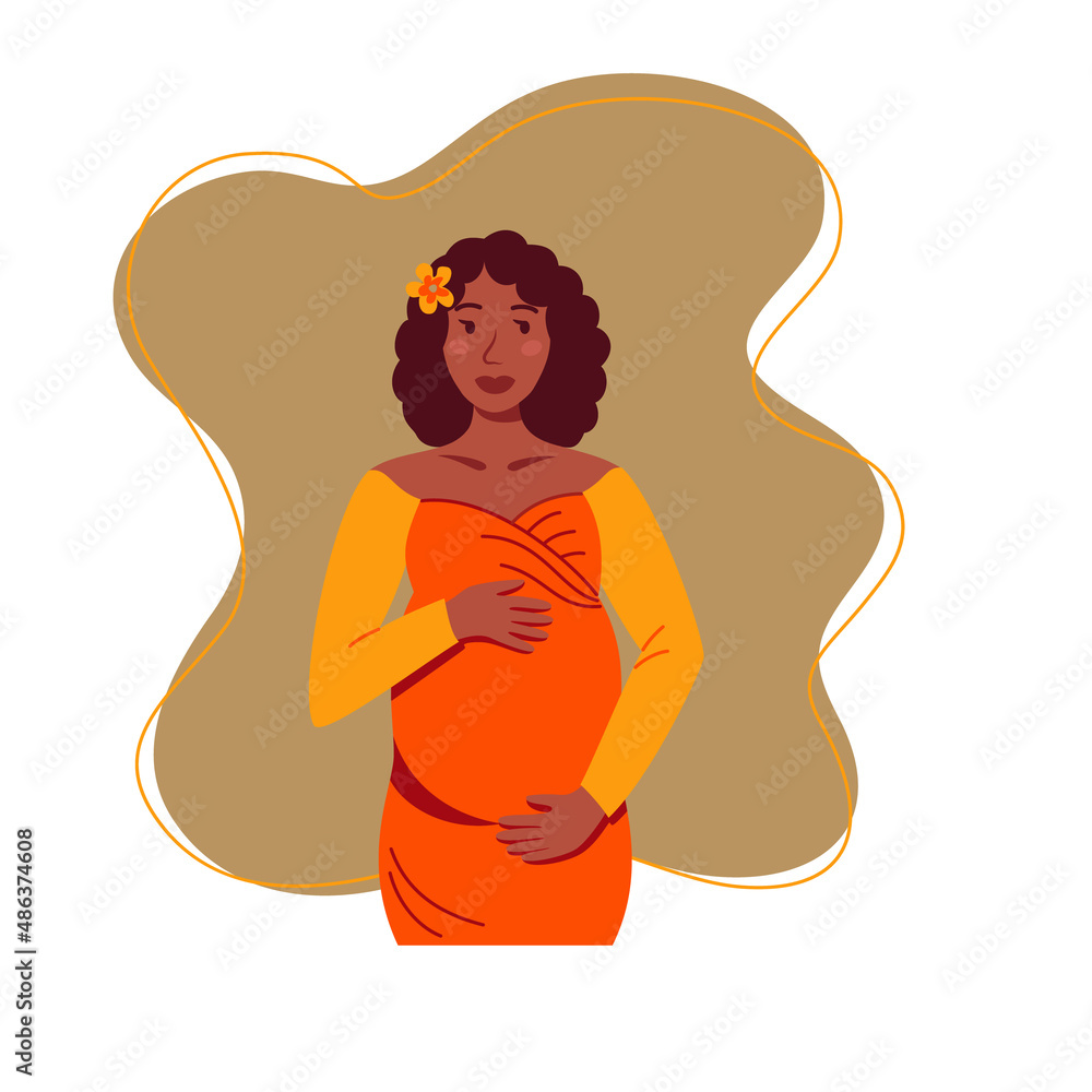 Beautiful smiling pregnant Aframerican woman hugs her pregnant belly ...