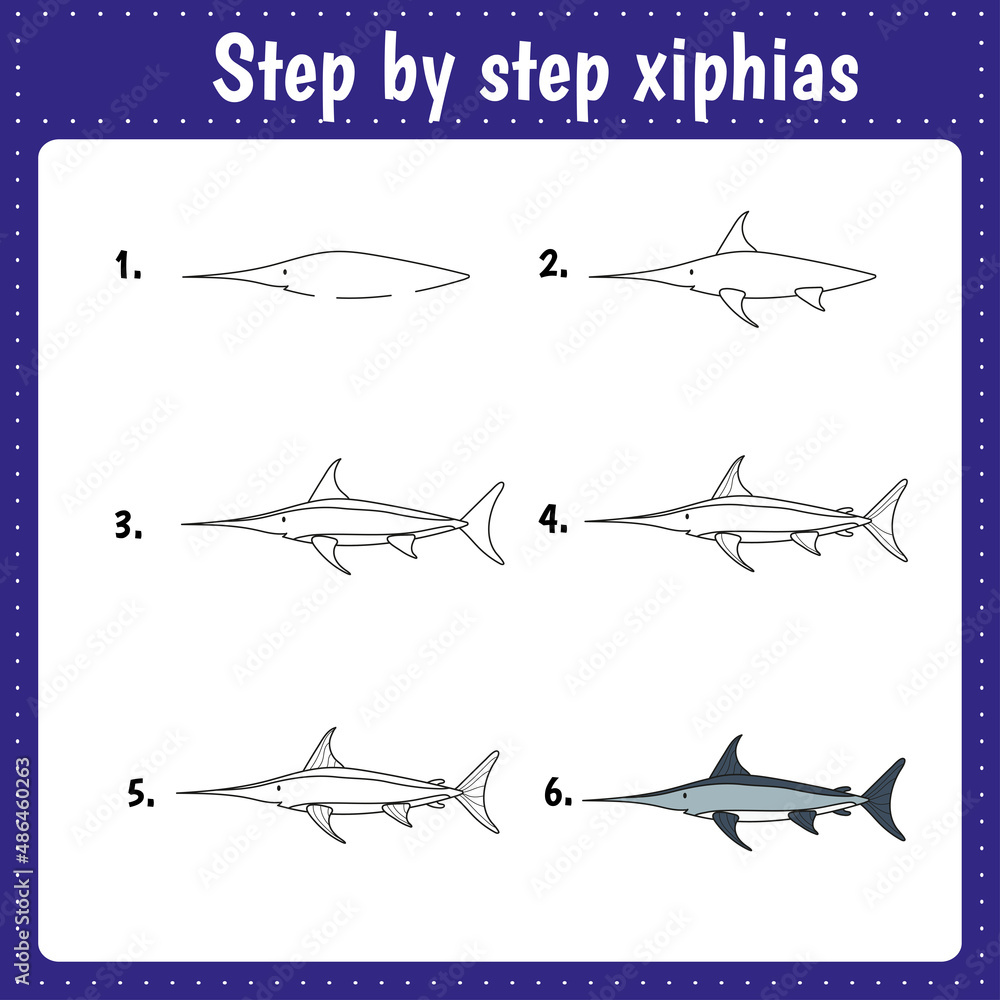 Drawing lesson for children. How draw a xiphias. Drawing tutorial for ...