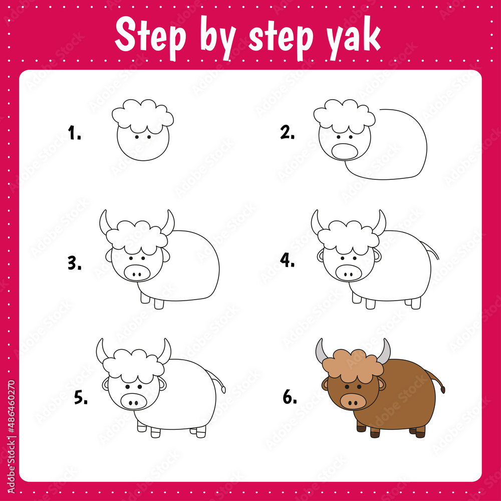 Drawing lesson for children. How draw a yak. Drawing tutorial for kids ...