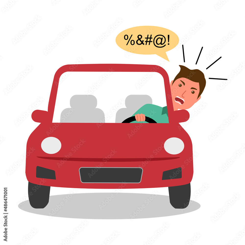 Angry car driver shouting in flat design on white background. Road rage ...