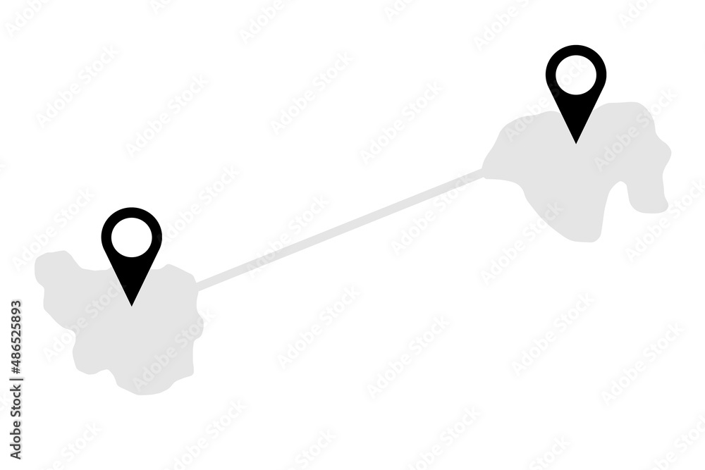 Map with a street between two towns marked by two location pins ...