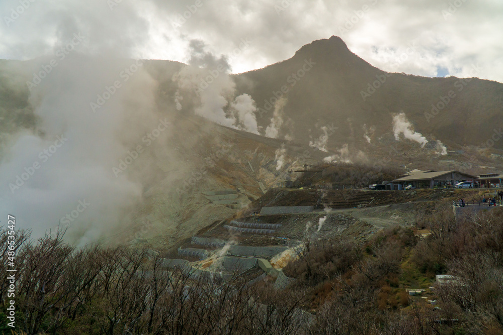 Owakudani volcanic valley, with sulphur vents and hot springs in Hakone ...